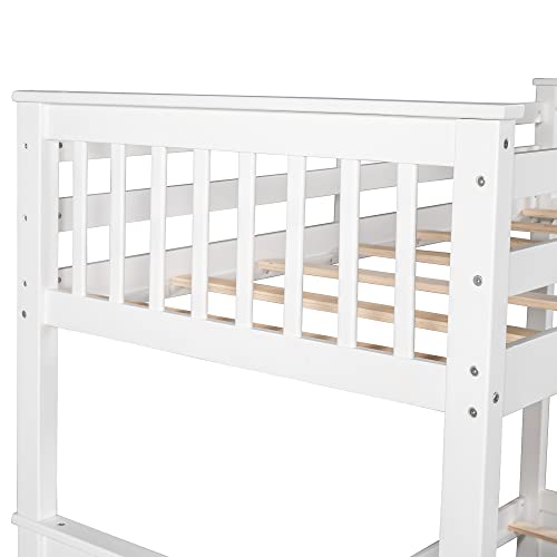 JJRY Twin-Over-Full Bunk Bed can be Divided into Two Individual beds, Wood Bed Frame with Inclined Ladder and Two Storage Drawers (White)