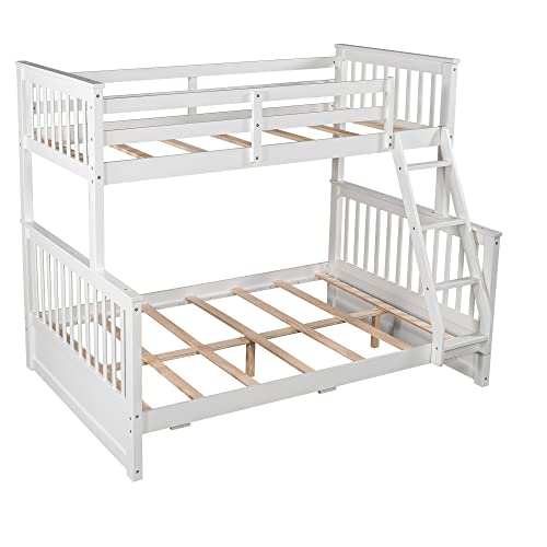 JJRY Twin-Over-Full Bunk Bed can be Divided into Two Individual beds, Wood Bed Frame with Inclined Ladder and Two Storage Drawers (White)