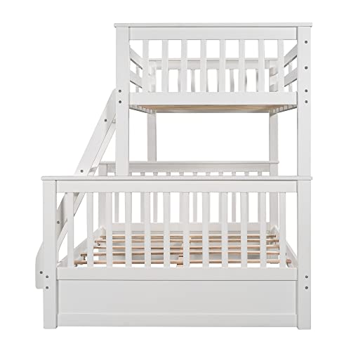 JJRY Twin-Over-Full Bunk Bed can be Divided into Two Individual beds, Wood Bed Frame with Inclined Ladder and Two Storage Drawers (White)