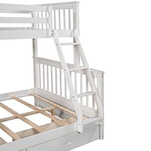 JJRY Twin-Over-Full Bunk Bed can be Divided into Two Individual beds, Wood Bed Frame with Inclined Ladder and Two Storage Drawers (White)