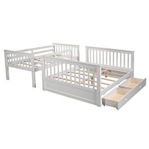 JJRY Twin-Over-Full Bunk Bed can be Divided into Two Individual beds, Wood Bed Frame with Inclined Ladder and Two Storage Drawers (White)