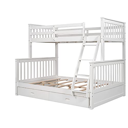 JJRY Twin-Over-Full Bunk Bed can be Divided into Two Individual beds, Wood Bed Frame with Inclined Ladder and Two Storage Drawers (White)