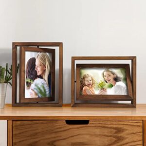 Egofine 2 Pack 5x7 Rotating Floating Picture Frames,Double-Sided Display with HD Glass Front Wooden Distressed Frame for Vertical or Horizontal Tabletop Display, Carbonization