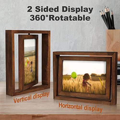 Egofine 2 Pack 5x7 Rotating Floating Picture Frames,Double-Sided Display with HD Glass Front Wooden Distressed Frame for Vertical or Horizontal Tabletop Display, Carbonization