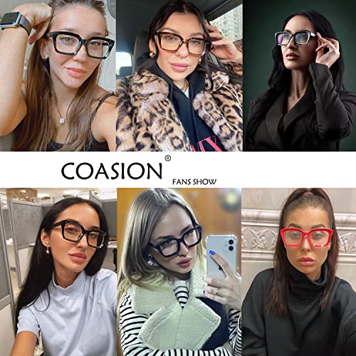 COASION Classic Non-prescription Clear Lens Eyeglasses for Women Thick Square Frame Eyewear (Transparent + Bright Black)