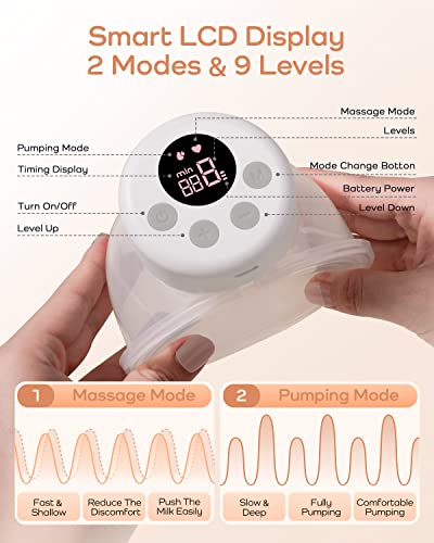 Fisroa Hands Free Breast Pump, Double Wearable Breast Pumps for Breastfeeding, Electric Portable Wireless Breast Extractor with 2 Modes & 9 Levels Low Noise, LCD Display and Memory Function