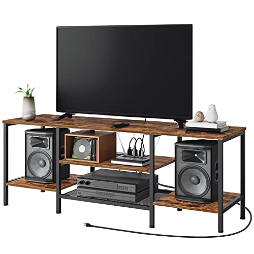 HOOBRO TV Stand with Power Outlets to 65 Inches, TV Console Table with Open Storage Shelves Cabinet, Industrial Media Entertainment Center for Living Room Bedroom, Rustic Brown and Black BF40DS01