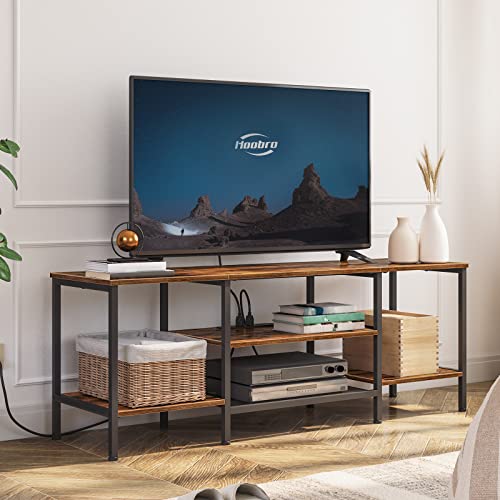 HOOBRO TV Stand with Power Outlets to 65 Inches, TV Console Table with Open Storage Shelves Cabinet, Industrial Media Entertainment Center for Living Room Bedroom, Rustic Brown and Black BF40DS01