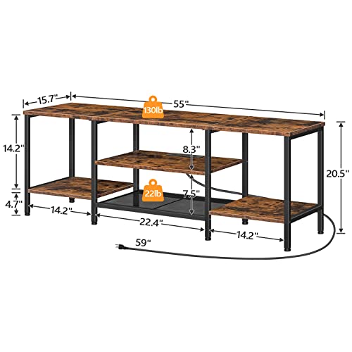 HOOBRO TV Stand with Power Outlets to 65 Inches, TV Console Table with Open Storage Shelves Cabinet, Industrial Media Entertainment Center for Living Room Bedroom, Rustic Brown and Black BF40DS01