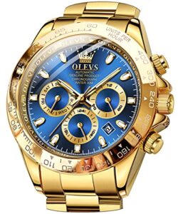 olevs men's gold automatic mechanical self winding waterproof luminous calendar multifunctional stainless steel casual business luxury dress watch