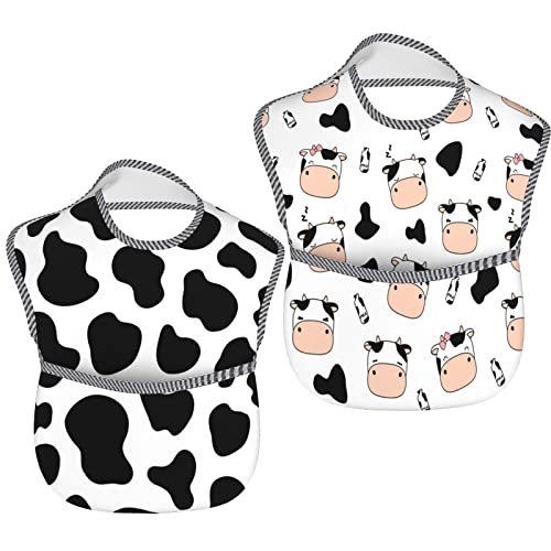 Qwalnely Cow Print Baby Stuff 2Packs Baby Bibs for 3-24 Months Waterproof Washable Fabric for Boys Girls Stuff, Terry Bibs, Newborn Toddler Bibs Organic Bibs