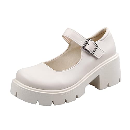 Women's Ankle Strap Mary Janes Summer Fashion Platform High Heel Chunky Pumps Oxford Dress Shoes Vintage Cosplay Girls Students British Shoes White