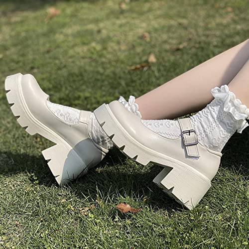 Women's Ankle Strap Mary Janes Summer Fashion Platform High Heel Chunky Pumps Oxford Dress Shoes Vintage Cosplay Girls Students British Shoes White