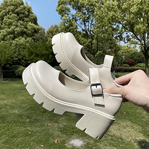 Women's Ankle Strap Mary Janes Summer Fashion Platform High Heel Chunky Pumps Oxford Dress Shoes Vintage Cosplay Girls Students British Shoes White