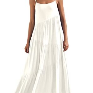 ANRABESS Women’s Summer Casual Loose Sleeveless Spaghetti Strap Tiered Asymmetric Beach Maxi Long Dress 523bai-S White