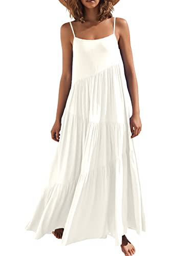 ANRABESS Women’s Summer Casual Loose Sleeveless Spaghetti Strap Tiered Asymmetric Beach Maxi Long Dress 523bai-S White