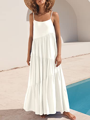 ANRABESS Women’s Summer Casual Loose Sleeveless Spaghetti Strap Tiered Asymmetric Beach Maxi Long Dress 523bai-S White