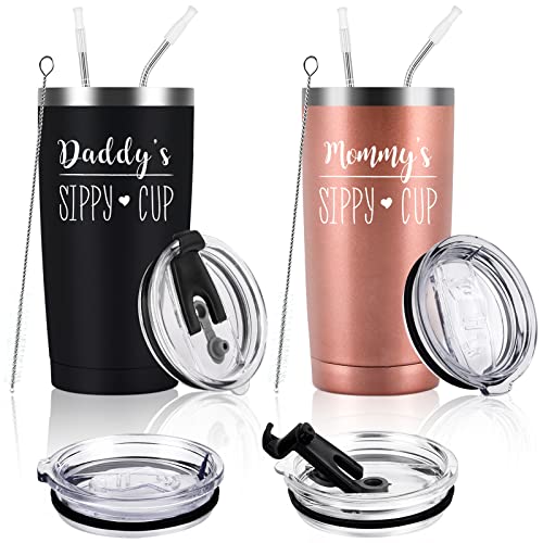 Gtmileo Daddys and Mommys Sippy Cup Stainless Steel Insulated Travel Tumbler Set, Mothers Day Fathers Day Christams Birthday Gifts for Dad Mom New Parents Papa Mama Anniversary(20oz, Rose Gold&Black)