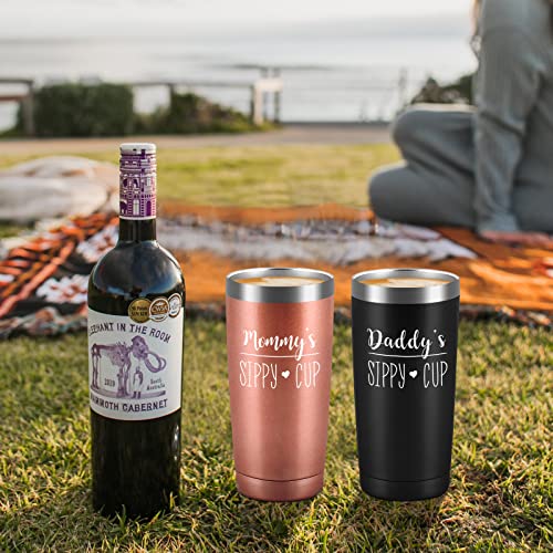 Gtmileo Daddys and Mommys Sippy Cup Stainless Steel Insulated Travel Tumbler Set, Mothers Day Fathers Day Christams Birthday Gifts for Dad Mom New Parents Papa Mama Anniversary(20oz, Rose Gold&Black)