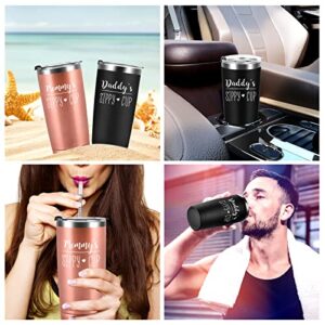 Gtmileo Daddys and Mommys Sippy Cup Stainless Steel Insulated Travel Tumbler Set, Mothers Day Fathers Day Christams Birthday Gifts for Dad Mom New Parents Papa Mama Anniversary(20oz, Rose Gold&Black)