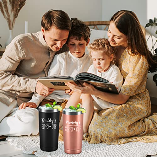 Gtmileo Daddys and Mommys Sippy Cup Stainless Steel Insulated Travel Tumbler Set, Mothers Day Fathers Day Christams Birthday Gifts for Dad Mom New Parents Papa Mama Anniversary(20oz, Rose Gold&Black)