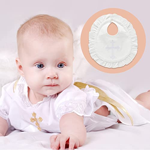 2 Pieces White Baptism Bib Christening Bib for Baby Girls Embroidered Crucifix Christening Baptism Bib Gift Outfits for Baby Girls Shower Party