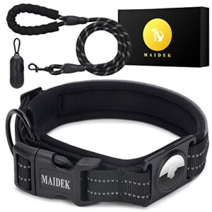 maidek airtag dog collar holder - heavy duty & thick titanium gps tracker holder, reflective nylon - chewproof, magnetic dog collar tag with leash, poop bag - black, medium size 1.25x15-18