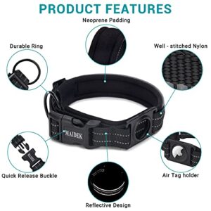 Maidek Airtag Dog Collar Holder - Heavy Duty & Thick Titanium GPS Tracker Holder, Reflective Nylon - Chewproof, Magnetic Dog Collar Tag with Leash, Poop Bag - Black, Medium Size 1.25x15-18