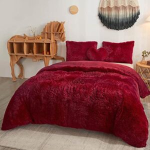 mego luxury shaggy faux fur duvet cover set, ultra soft 3 pcs fluffy comforter cover, fuzzy bedding set king size quilt cover(1 plush furry duvet cover + 2 pillowcases), zipper closure(king, red)