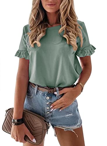 PRETTYGARDEN Women's Short Sleeve Casual T Shirts Summer Ruffle Plain Round Neck Loose Fit Tee Blouse Tops (Green,Small)