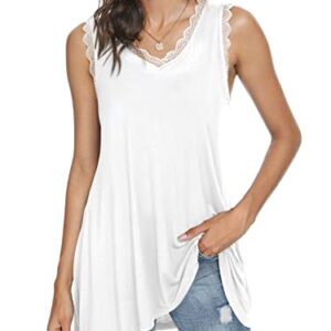 POPYOUNG Plus Size Women's Summer Lace Sleeveless Tunic Tops to Wear with Leggings V-Neck Flowy Tank Top Casual Shirt L, White