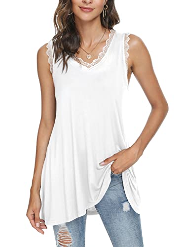 POPYOUNG Plus Size Women's Summer Lace Sleeveless Tunic Tops to Wear with Leggings V-Neck Flowy Tank Top Casual Shirt L, White