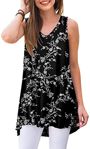 POPYOUNG Women's Summer Sleeveless Tunic Tops to Wear with Leggings V-Neck T-Shirt Flowy Tank Top Casual Loose Blouse XL, White Carvings