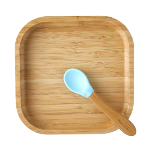 Nouribite Bamboo Suction Square Plate and Spoon Set for Baby/Toddler, 6 months+ (Aqua)