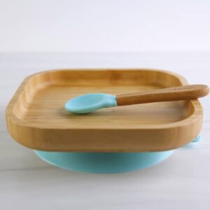 Nouribite Bamboo Suction Square Plate and Spoon Set for Baby/Toddler, 6 months+ (Aqua)