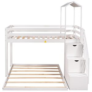 Harper & Bright Designs Twin Over Full Bunk Bed, Wood House Roof Bunk Bed Frame with Staircase and Shelves, Bedroom Furniture (White, Twin/Full)