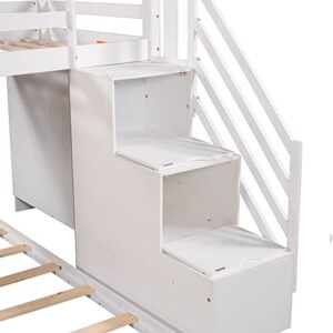 Harper & Bright Designs Twin Over Full Bunk Bed, Wood House Roof Bunk Bed Frame with Staircase and Shelves, Bedroom Furniture (White, Twin/Full)