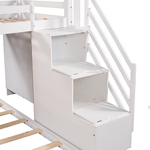 Harper & Bright Designs Twin Over Full Bunk Bed, Wood House Roof Bunk Bed Frame with Staircase and Shelves, Bedroom Furniture (White, Twin/Full)