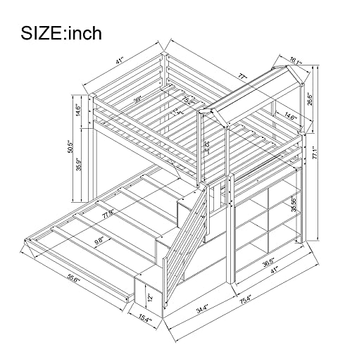 Harper & Bright Designs Twin Over Full Bunk Bed, Wood House Roof Bunk Bed Frame with Staircase and Shelves, Bedroom Furniture (White, Twin/Full)