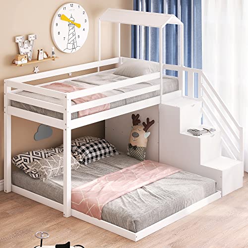 Harper & Bright Designs Twin Over Full Bunk Bed, Wood House Roof Bunk Bed Frame with Staircase and Shelves, Bedroom Furniture (White, Twin/Full)