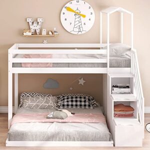 Harper & Bright Designs Twin Over Full Bunk Bed, Wood House Roof Bunk Bed Frame with Staircase and Shelves, Bedroom Furniture (White, Twin/Full)