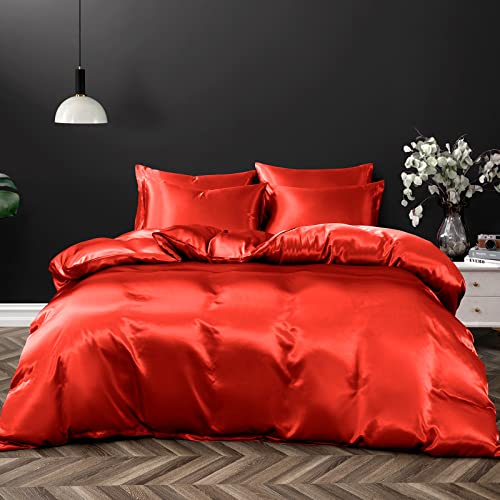 P Pothuiny 5 Pieces Satin Duvet Cover King Size Set, Luxury Silky Like Red Duvet Cover Bedding Set with Zipper Closure, 1 Duvet Cover + 4 Pillow Cases (No Comforter)