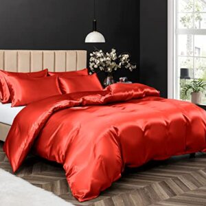 P Pothuiny 5 Pieces Satin Duvet Cover King Size Set, Luxury Silky Like Red Duvet Cover Bedding Set with Zipper Closure, 1 Duvet Cover + 4 Pillow Cases (No Comforter)