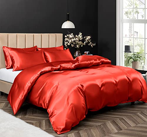 P Pothuiny 5 Pieces Satin Duvet Cover King Size Set, Luxury Silky Like Red Duvet Cover Bedding Set with Zipper Closure, 1 Duvet Cover + 4 Pillow Cases (No Comforter)