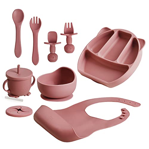 Pink Baby Feeding Set – Baby Feeding Supplies Set with Bib, Sippy Cup, First Stage Toddler Utensils, Suction Bowl, Divided Plate, Baby Spoon and Fork – Food-Grade Silicone Baby Led Weaning Supplies