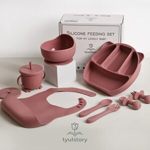 Pink Baby Feeding Set – Baby Feeding Supplies Set with Bib, Sippy Cup, First Stage Toddler Utensils, Suction Bowl, Divided Plate, Baby Spoon and Fork – Food-Grade Silicone Baby Led Weaning Supplies