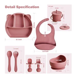 Pink Baby Feeding Set – Baby Feeding Supplies Set with Bib, Sippy Cup, First Stage Toddler Utensils, Suction Bowl, Divided Plate, Baby Spoon and Fork – Food-Grade Silicone Baby Led Weaning Supplies