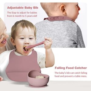 Pink Baby Feeding Set – Baby Feeding Supplies Set with Bib, Sippy Cup, First Stage Toddler Utensils, Suction Bowl, Divided Plate, Baby Spoon and Fork – Food-Grade Silicone Baby Led Weaning Supplies