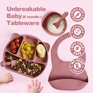 Pink Baby Feeding Set – Baby Feeding Supplies Set with Bib, Sippy Cup, First Stage Toddler Utensils, Suction Bowl, Divided Plate, Baby Spoon and Fork – Food-Grade Silicone Baby Led Weaning Supplies