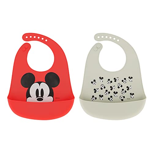 Disney 2-Pack Unisex Baby & Toddler Silicone Bibs with Food Catcher, Soft Waterproof Mickey Mouse Feeding Accessories, Red/Grey